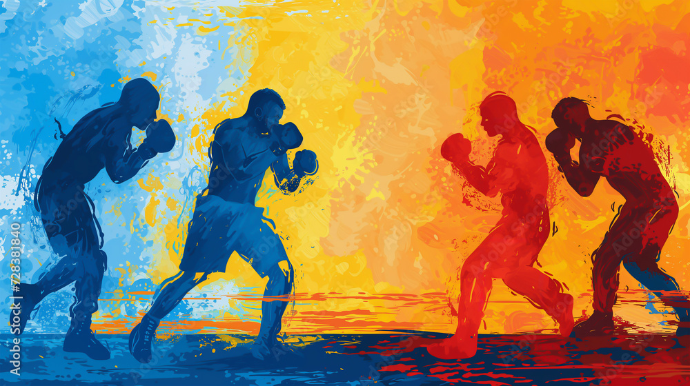 Abstract illustration of a male boxers wearing boxing gloves exercising ...