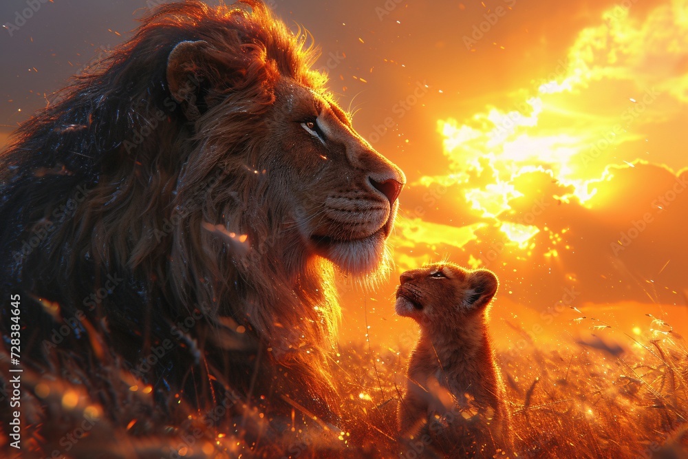 Lion King - A Lion and a Lion Cub in a field during a sunset ...