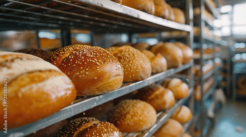 A collection of various types of buns displayed on a rack in a bakery ...