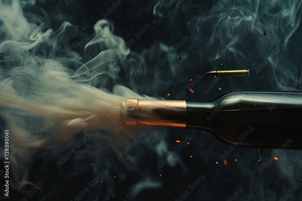 bullet is shot in the air with a glowing flame, bottle of wine, slow ...