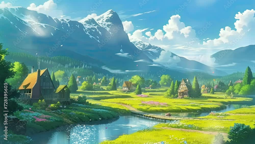 seamless looping 4k animation depicts a scenic village with mountains ...
