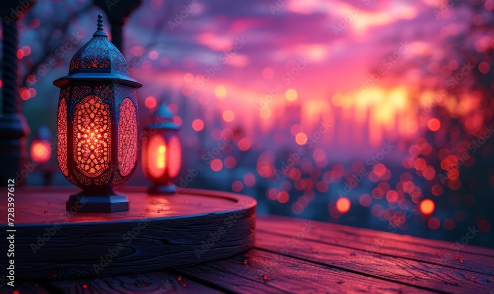 Arabic lantern lights on a Round wooden podium as a main focus in left ...