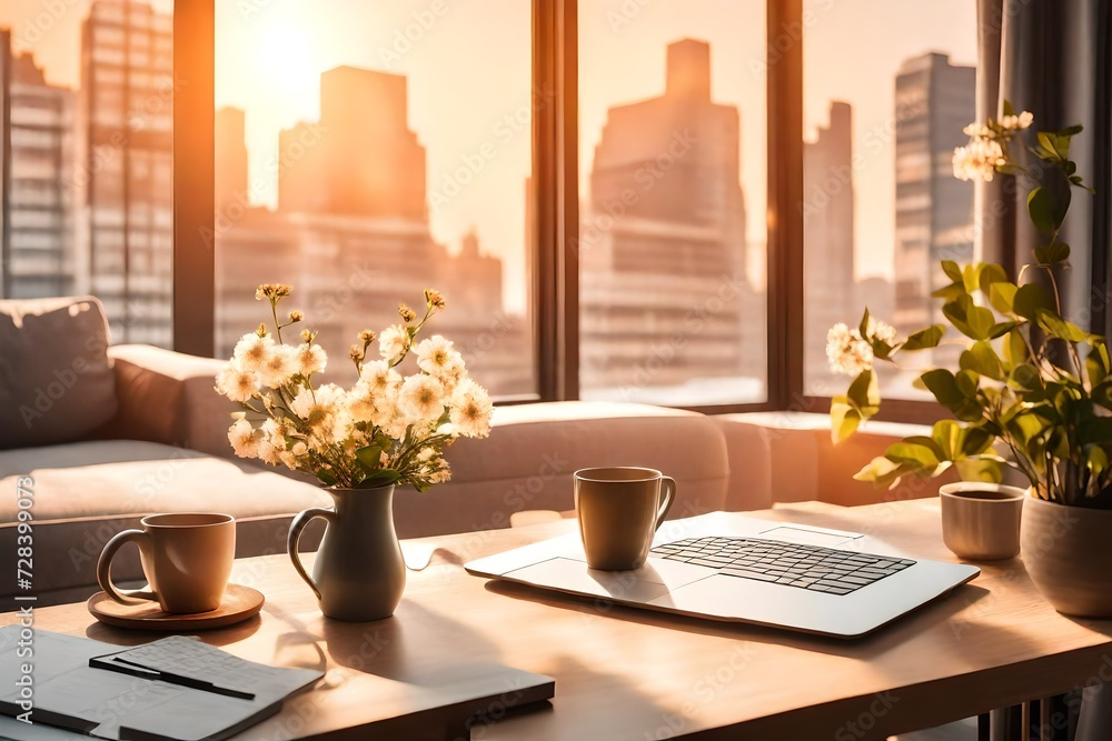 Home work place with laptop, cup of drink and blooming brunch in vase ...