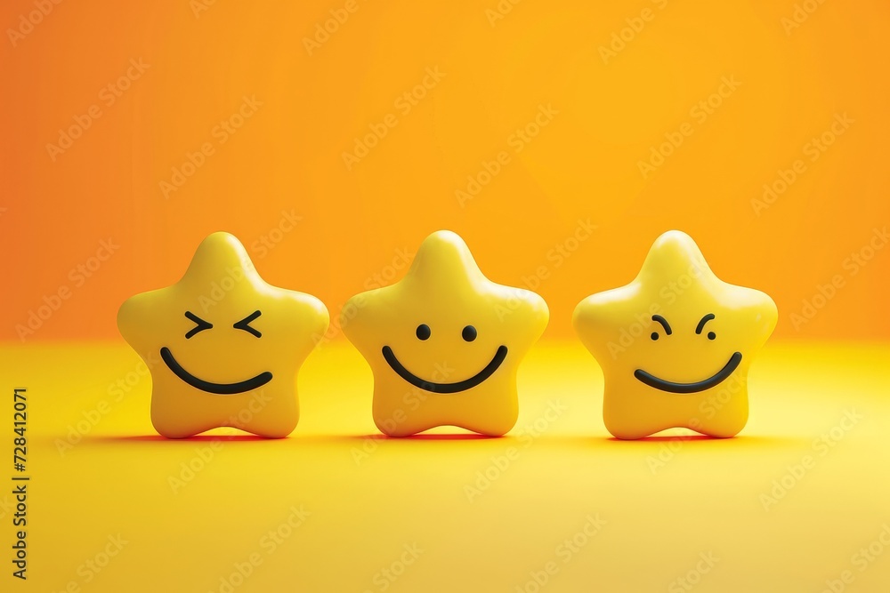 Happy customers rate golden stars, smiling emojis emoticons. Golden ...