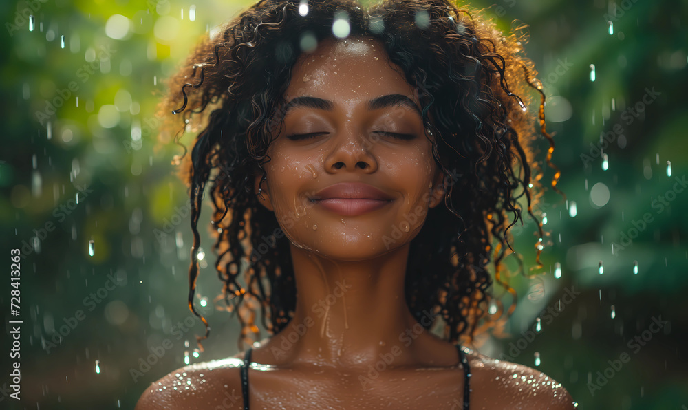 A beautiful young African American woman with curly hair enjoys a rain shower in the forest ...
