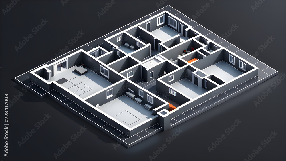 modern interior design, isolated floor plan with black walls, blueprint ...