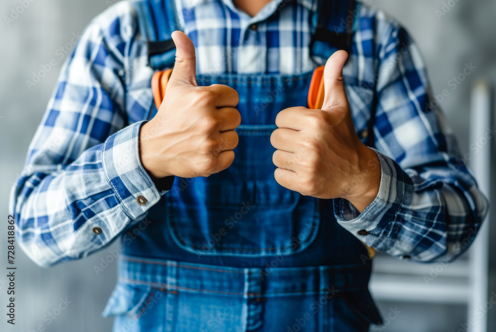 Thumbs Up: A close-up shot of a hardworking electrician's hands, giving ...
