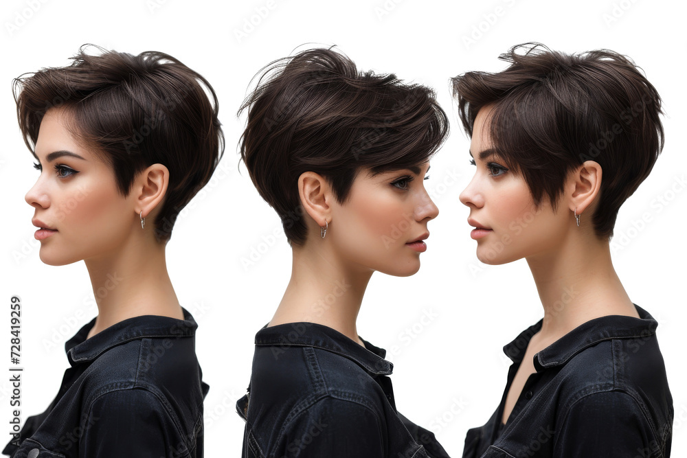 A composite image featuring three profiles of a young woman with a ...