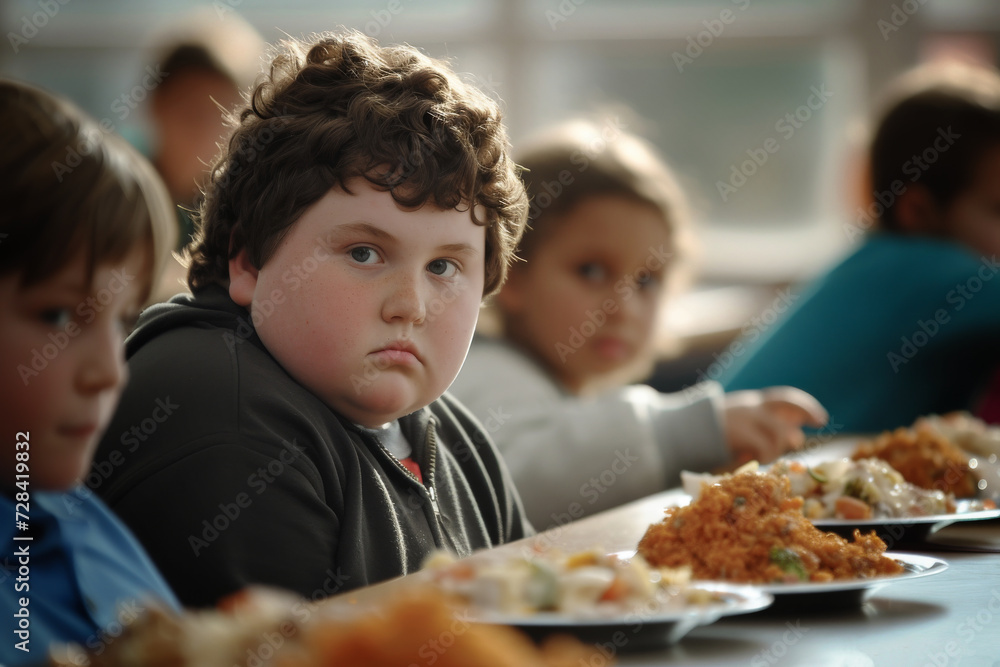 Overweight boy sitting in a school cafeteria, looking very sad, with a ...