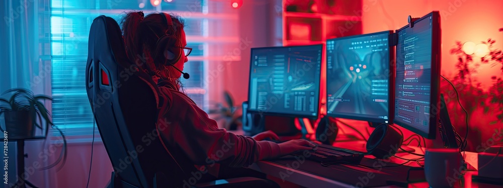 Immersed in the world of esports and online gaming, a woman engages in ...
