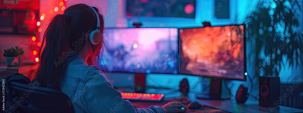 Immersed in the world of esports and online gaming, a woman engages in ...