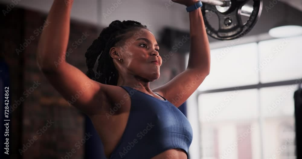 Weightlifting, fitness and black woman with muscle in gym for ...