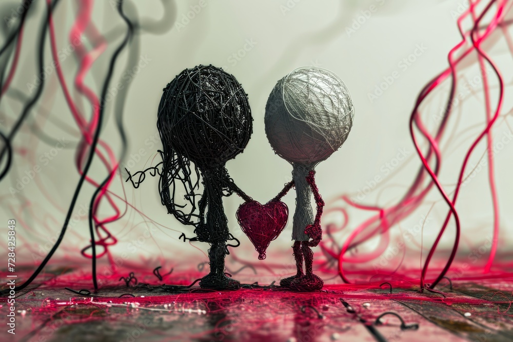 Two wire figures embrace in a symbolic display of love, captured in a ...