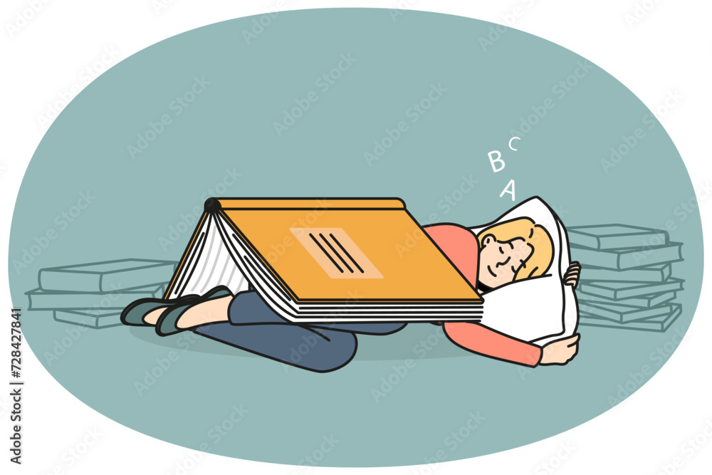 Calm girl sleeping on pillow with huge book cover. Relaxed woman rest ...