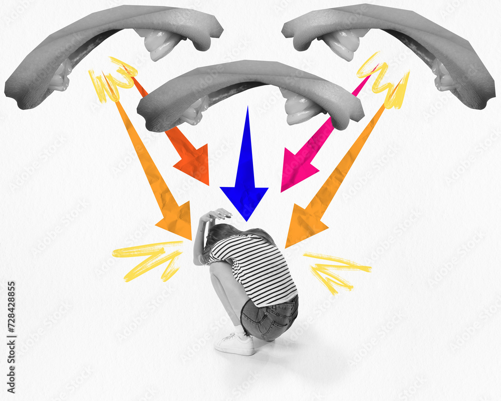 Poster. Modern aesthetic artwork. Young woman sitting under big mouths ...