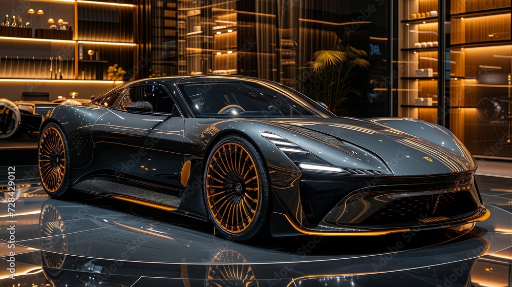 AI generated illustration of a sleek electric sports car with gold trim ...