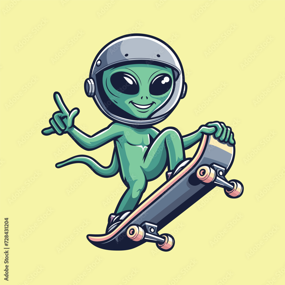 cartoon alien riding a skateboard. isolated green alien skateboarding ...