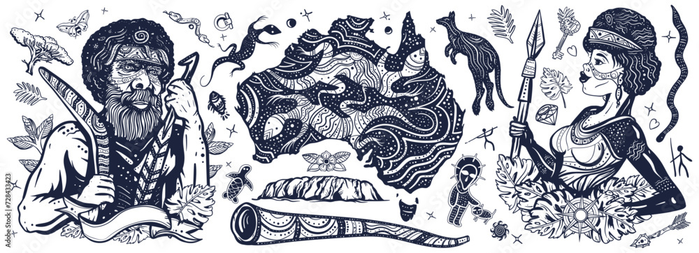 Australia. Ethnic Australian woman in traditional costume. Old school ...