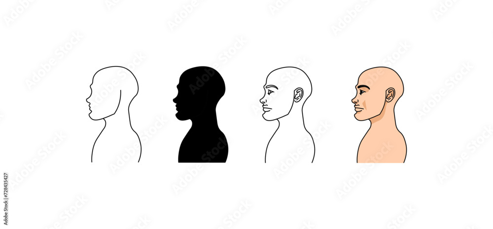 Human face side view icons. Human face mockup. Linear, silhouette and ...