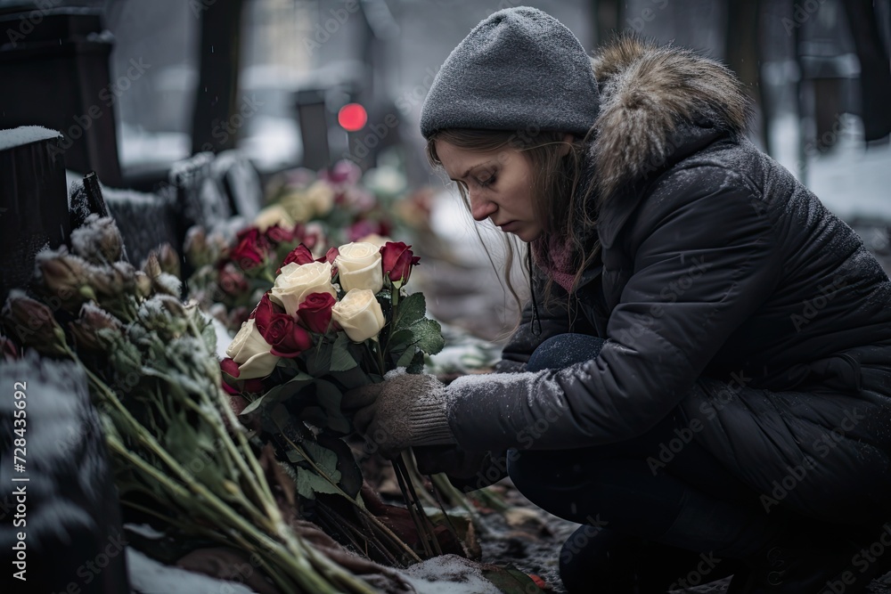 With reverence and remembrance, a woman sits beside a grave adorned ...
