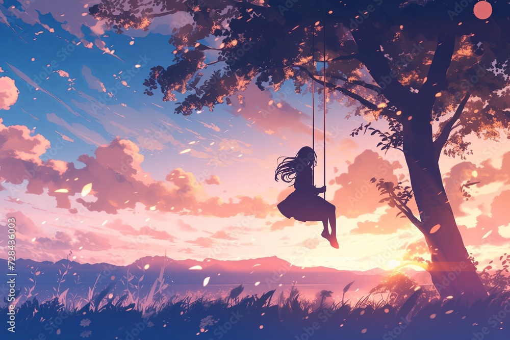 Peaceful Animated Background With Lofi Anime Girl On Tree Swing ...