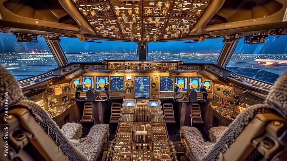 Civil airplane flight deck interior with control panel and pilot seats ...