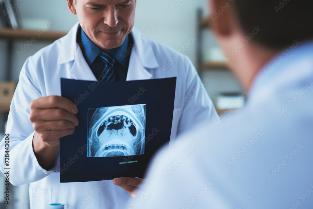Cropped photo of two doctors examining x-ray images of patient for ...