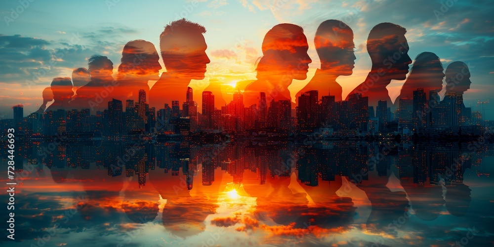 Businessmen silhouetted against a city skyline, symbolizing leadership ...