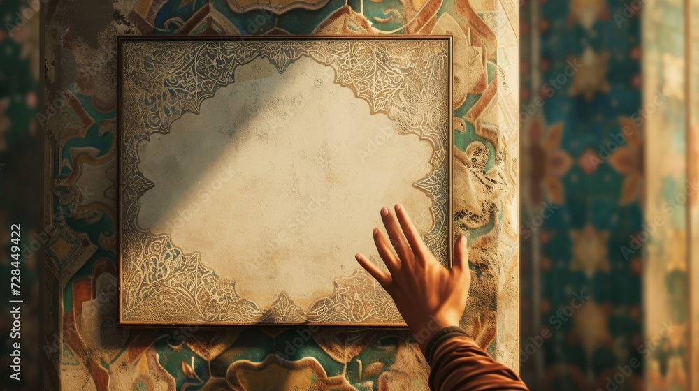 human hand is extended into the frame from the left side as if ...