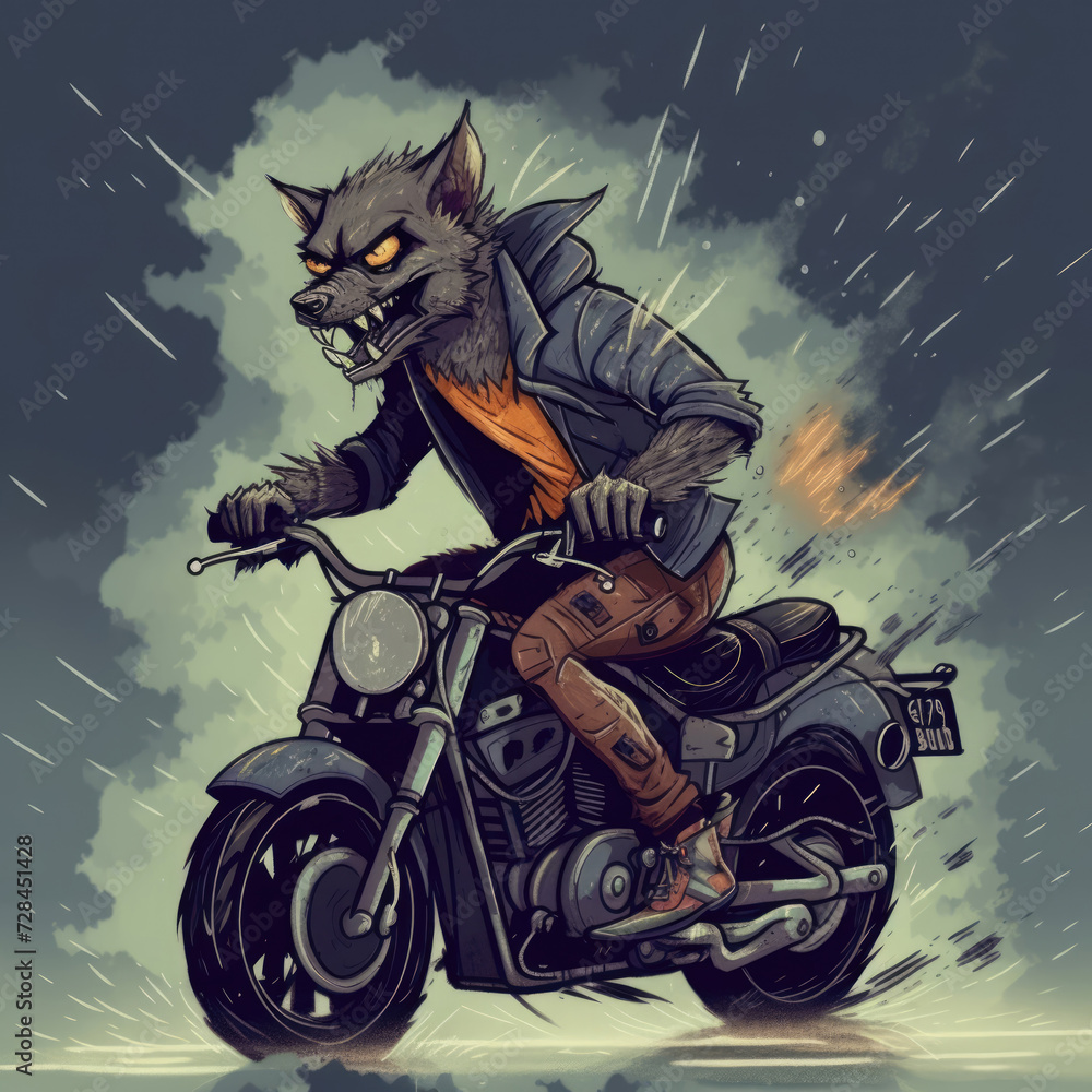 Dynamic illustration of an anthropomorphic wolf riding a motorcycle ...