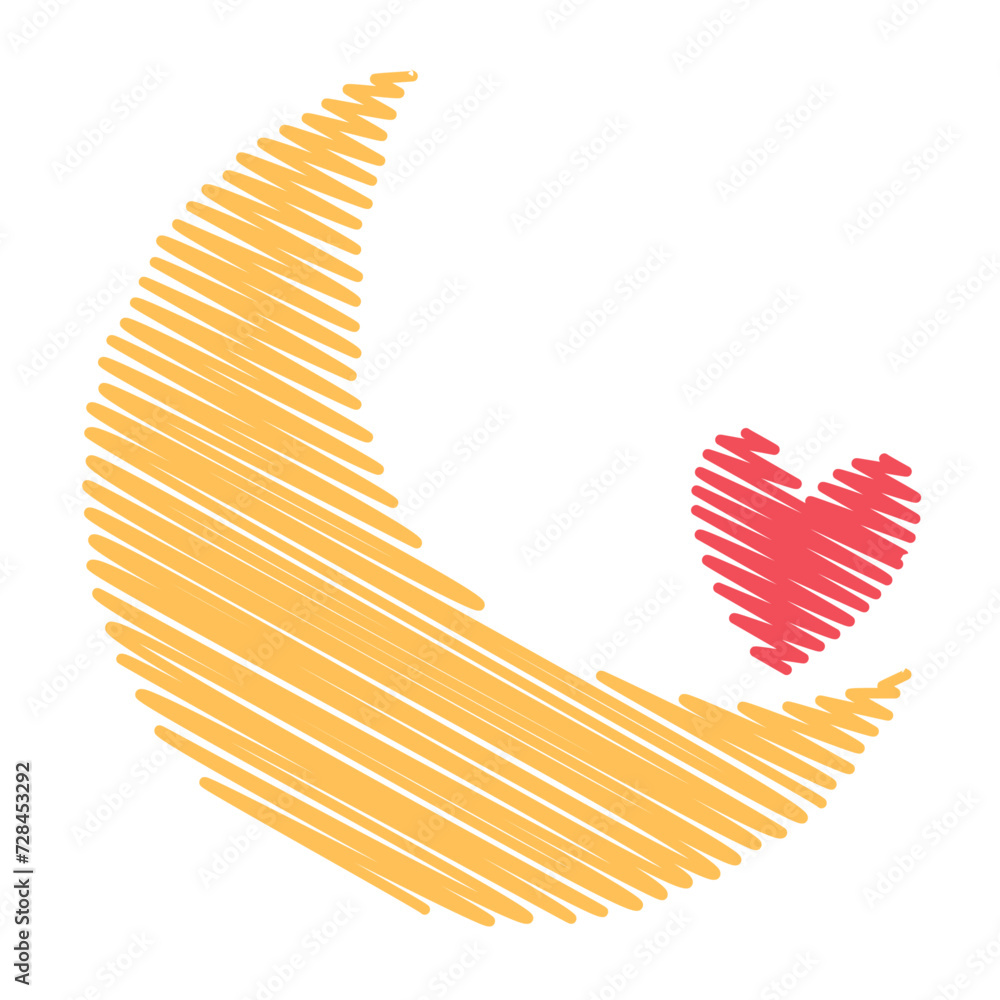 Crescent moon with heart line art, doodle isolated glyph icon. Vector ...