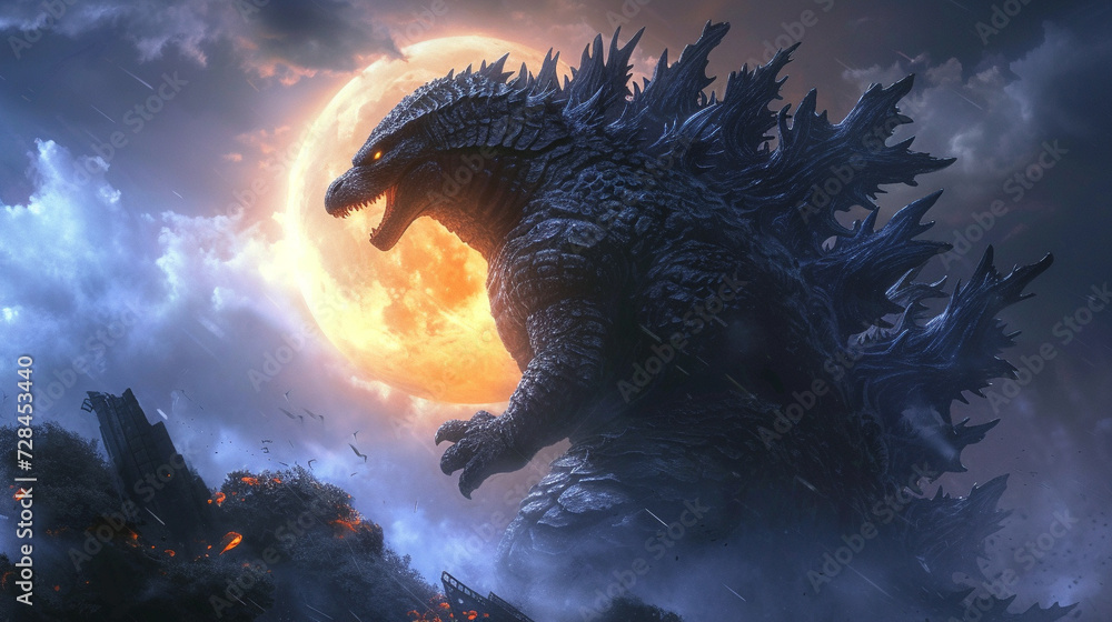Godzilla, the colossal and mythical kaiju, causing destruction and ...