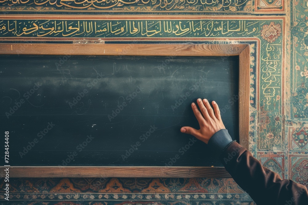 hand is touching a chalkboard with Arabic script written in an elegant ...