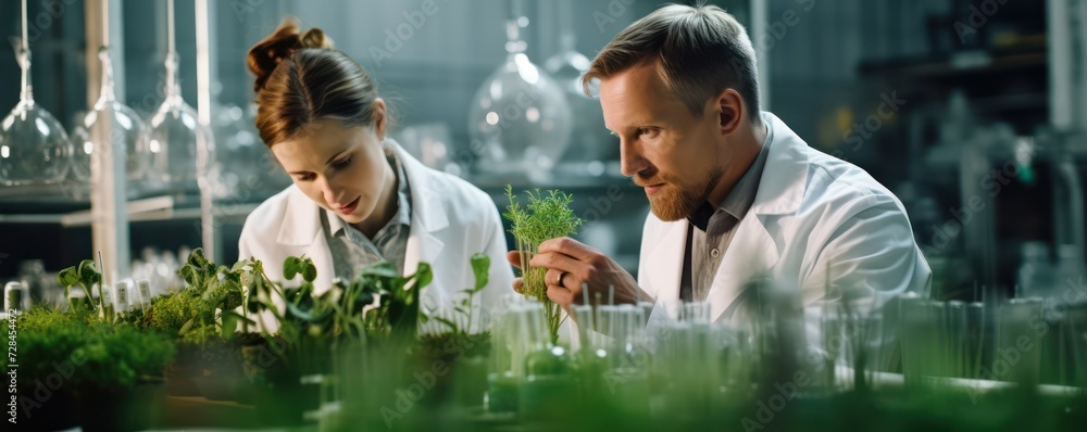 Botanist scientist woman and man in white lab coat work together on ...
