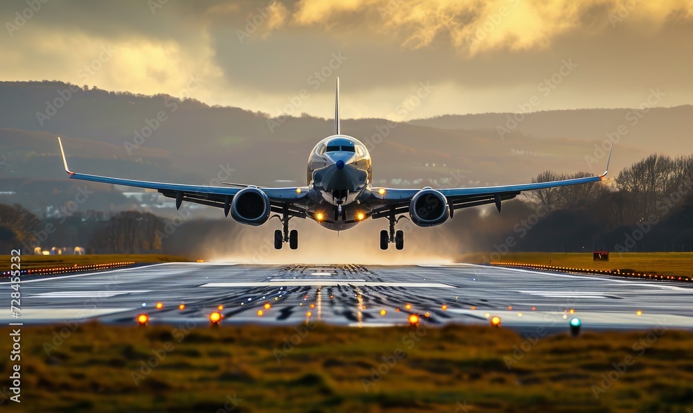 Start airplane taking off from the airport. Aircraft is landing at ...