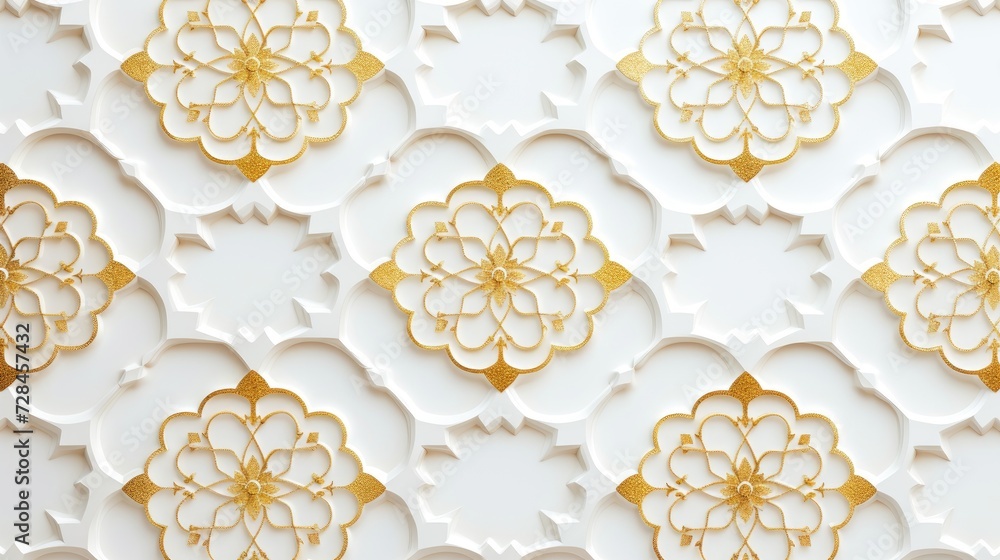 Exquisite gold Islamic patterns adorn a white textured backdrop ...
