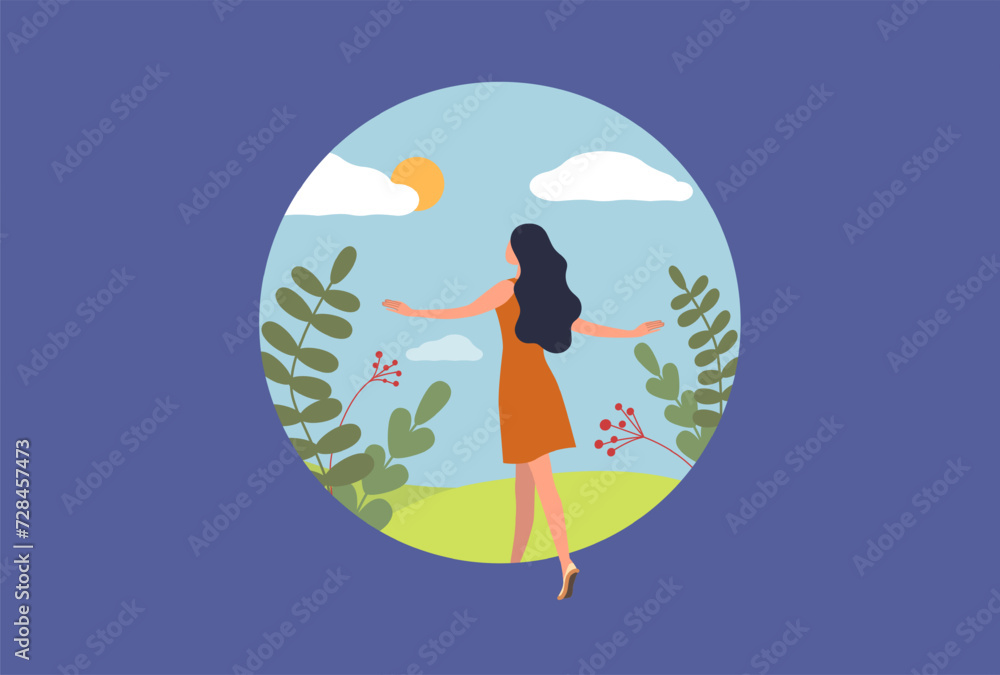 Step in future. New woman life. Door to world journey and changes ...