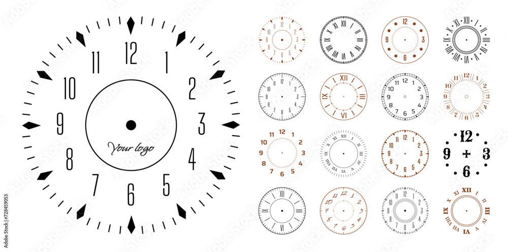 Clock face. Watch number dial template. Roman wall design. Analog ...
