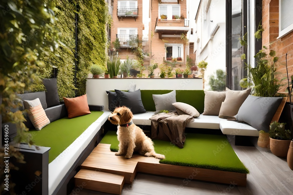 Design a pet-friendly balcony with cozy seating and artificial turf for ...