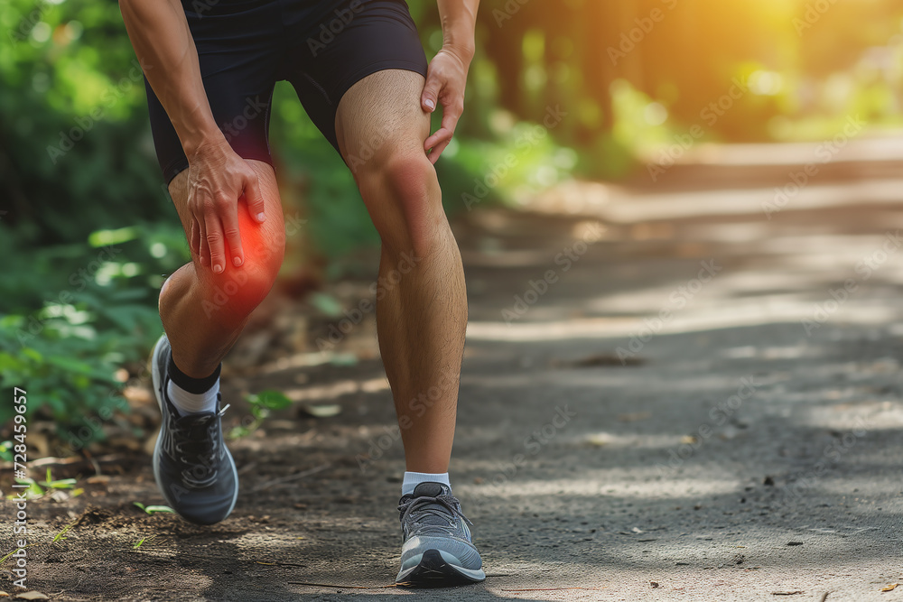 Man suffering from a knee injury during his run. Athlete with muscle ...