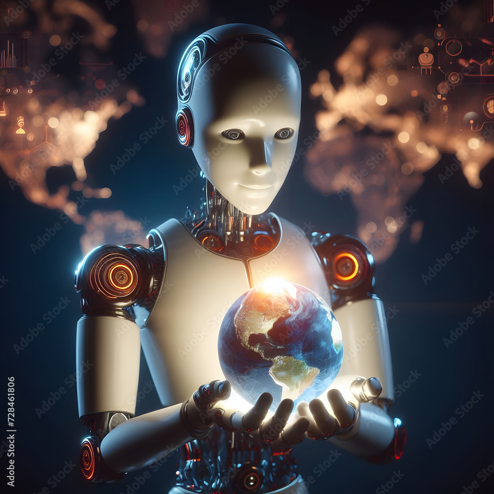 AI robot holding earth globe in hands. Concept of AI controlling the ...