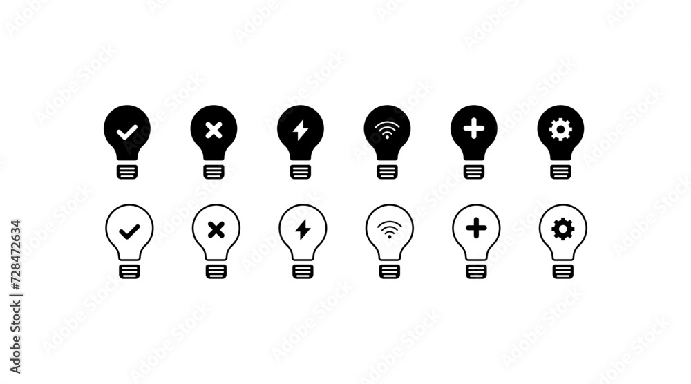 Light bulb with buttons icons. Light bulb with a check mark, cross ...