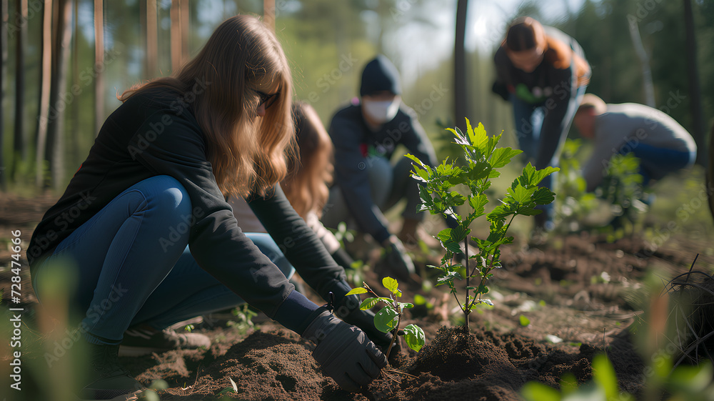 Volunteers Planting Saplings in Reforestation Project. Young volunteer ...