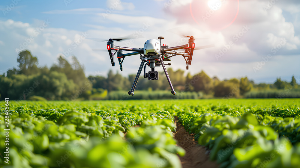 Agricultural Drone Flying Over Farm Crops. An advanced drone equipped ...