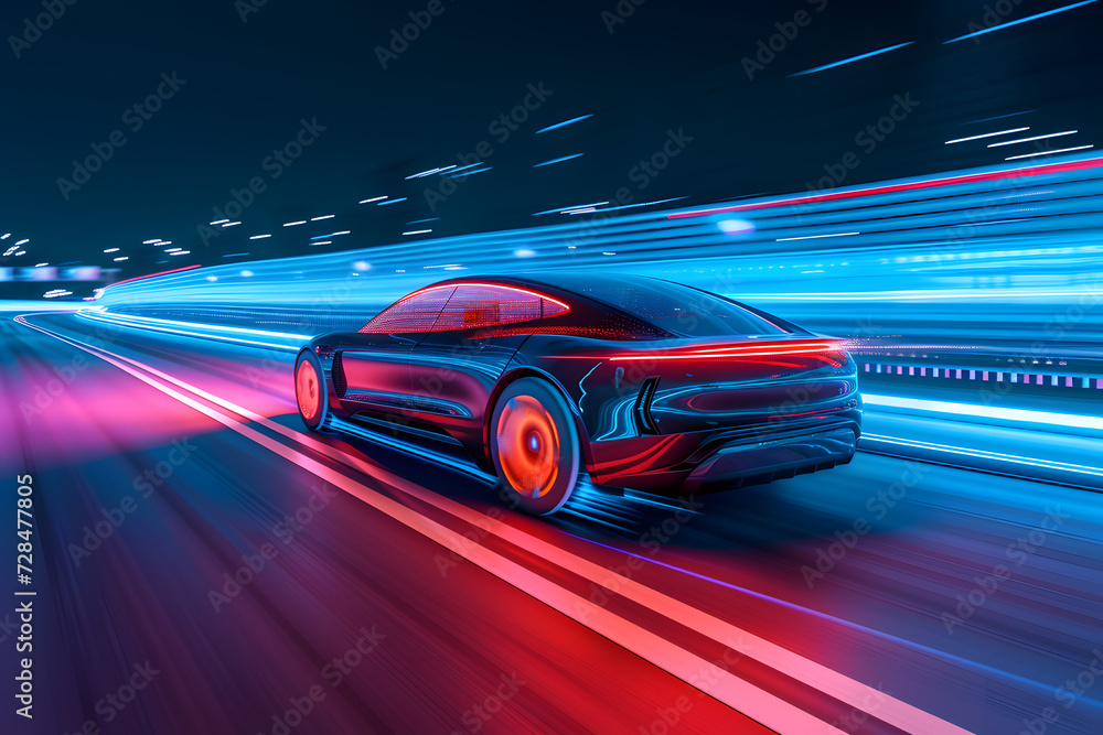 Futuristic EV car with motion lighting on highway with full self ...