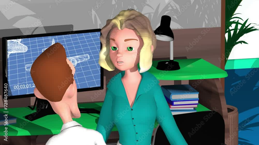 3d animation, two cartoons characters speaking on office near a desk ...