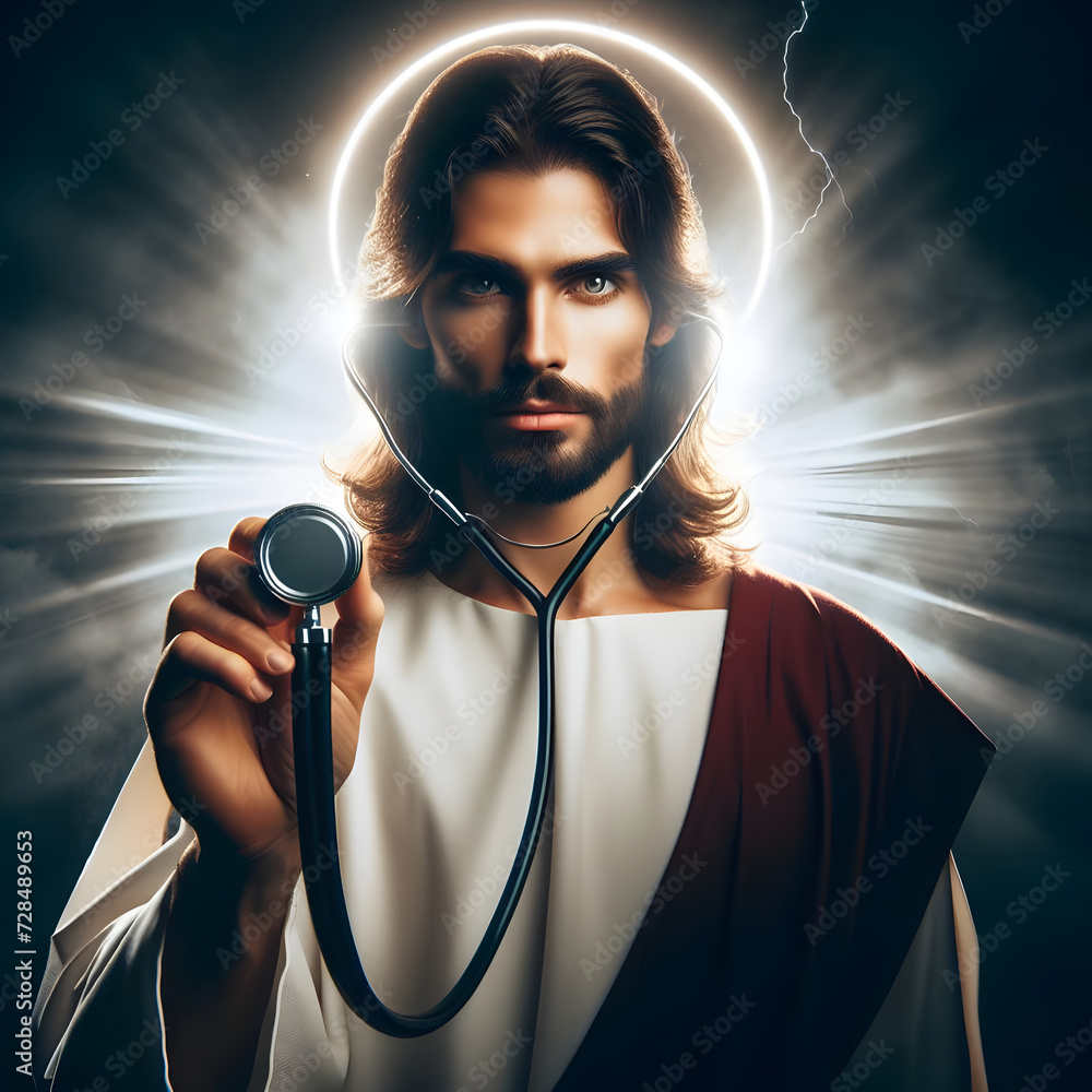 Jesus Christ as a doctor examining human heart Stock Illustration ...