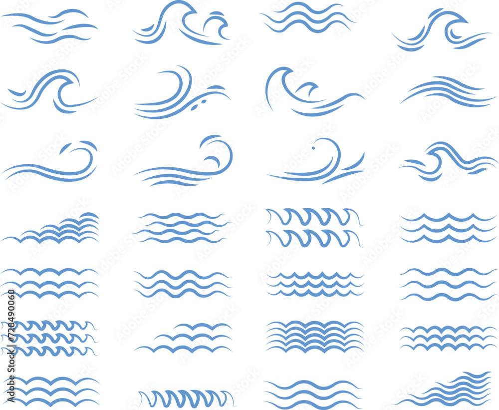 Sea wave icon set. Water logo, line ocean symbol in vector trendy flat ...
