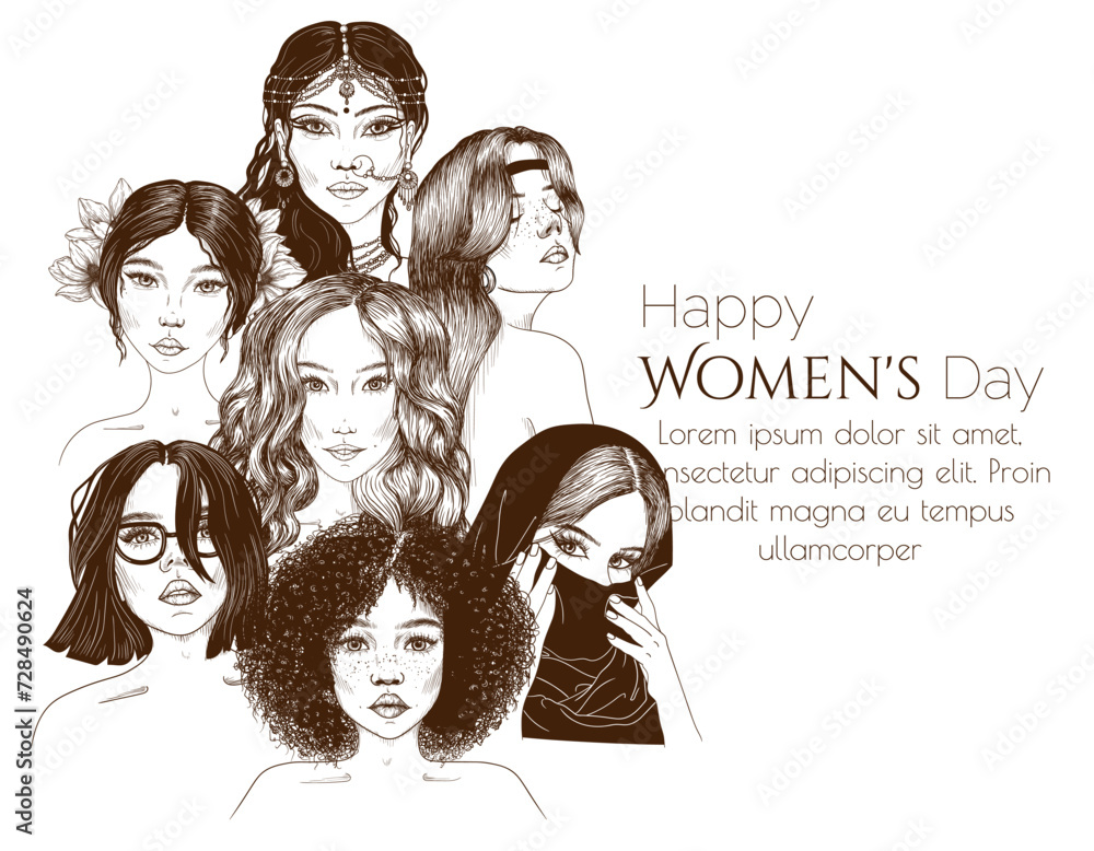 Vector illustration for International Women's Day. Set of 7 girls of ...