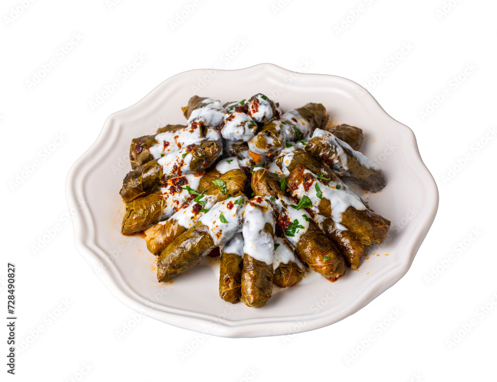 Delicious dolma (sarma) stuffed grape leaves rice, white yogurt sauce ...